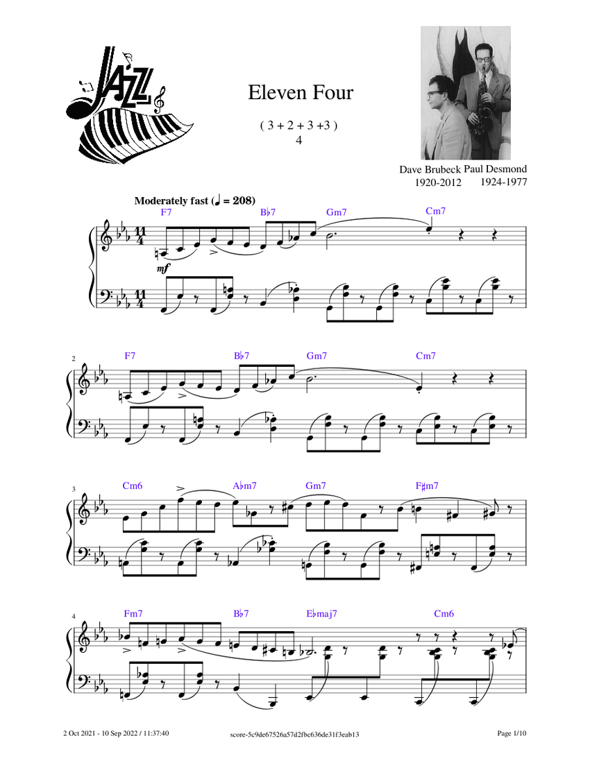 Eleven Four – The Dave Brubeck Quartet Sheet Music with Chords for Piano (Solo) | MuseScore.com