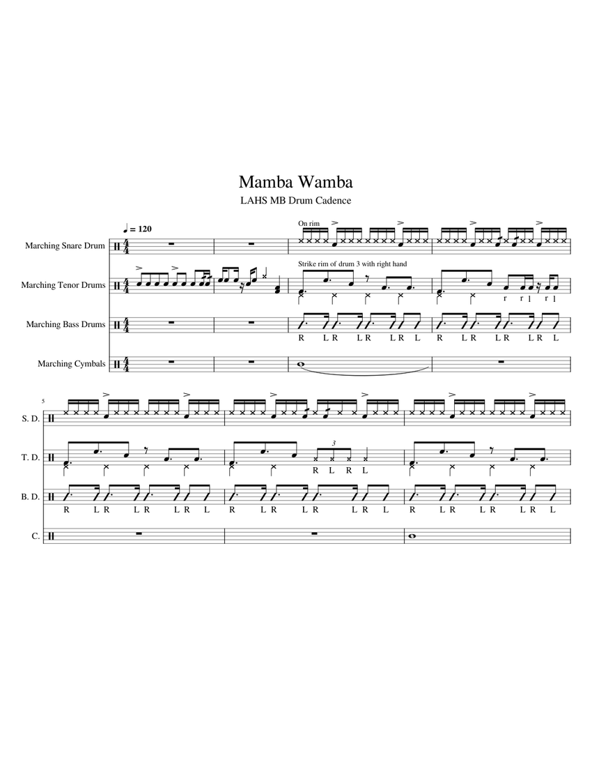 Mamba_Wamba Sheet music for Snare drum, Crash, Tenor drum, Bass drum ...