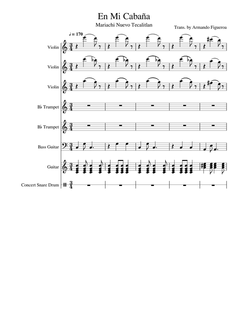 En Mi Cabaña Sheet music for Trumpet in b-flat, Snare drum, Violin ...