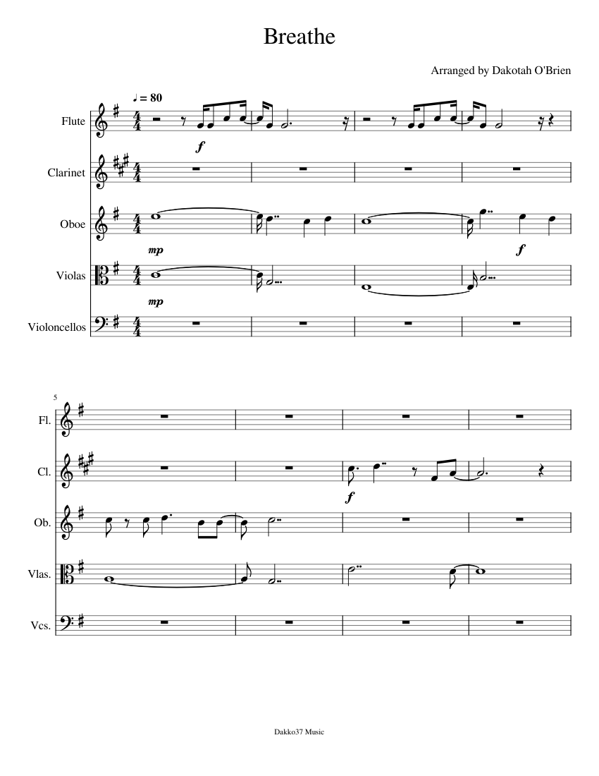 Breathe Sheet music for Flute, Oboe, Strings group, Clarinet other ...