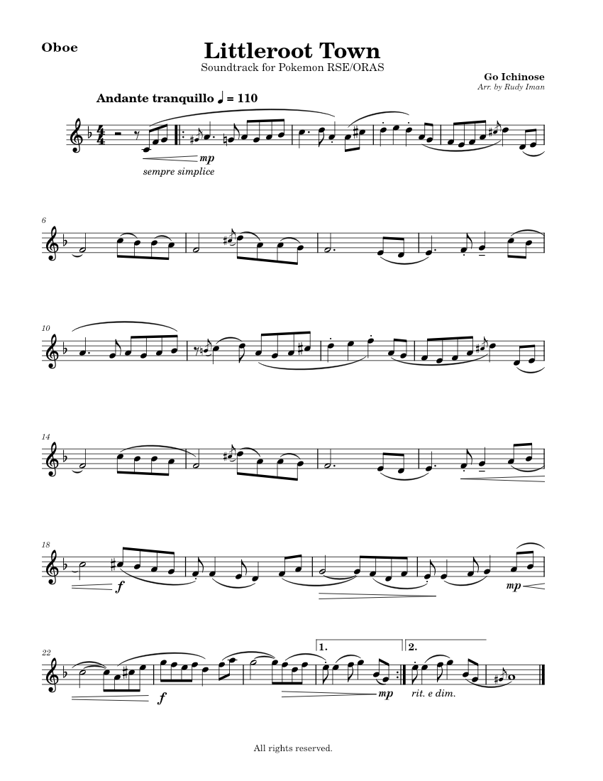 Littleroot Town – Go Ichinose : Pokemon RSE/ORAS for Solo Oboe Sheet ...