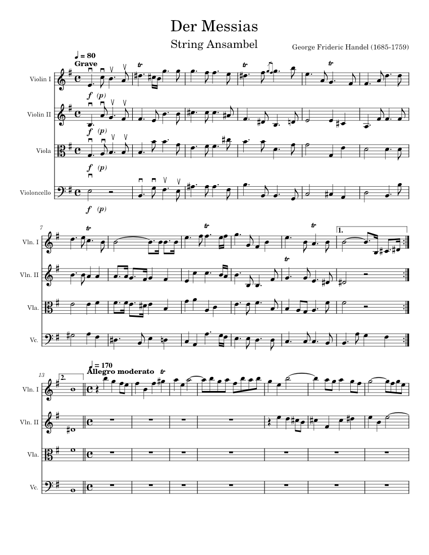 Der Messias String Quartret Sheet music for Violin, Viola, Cello ...