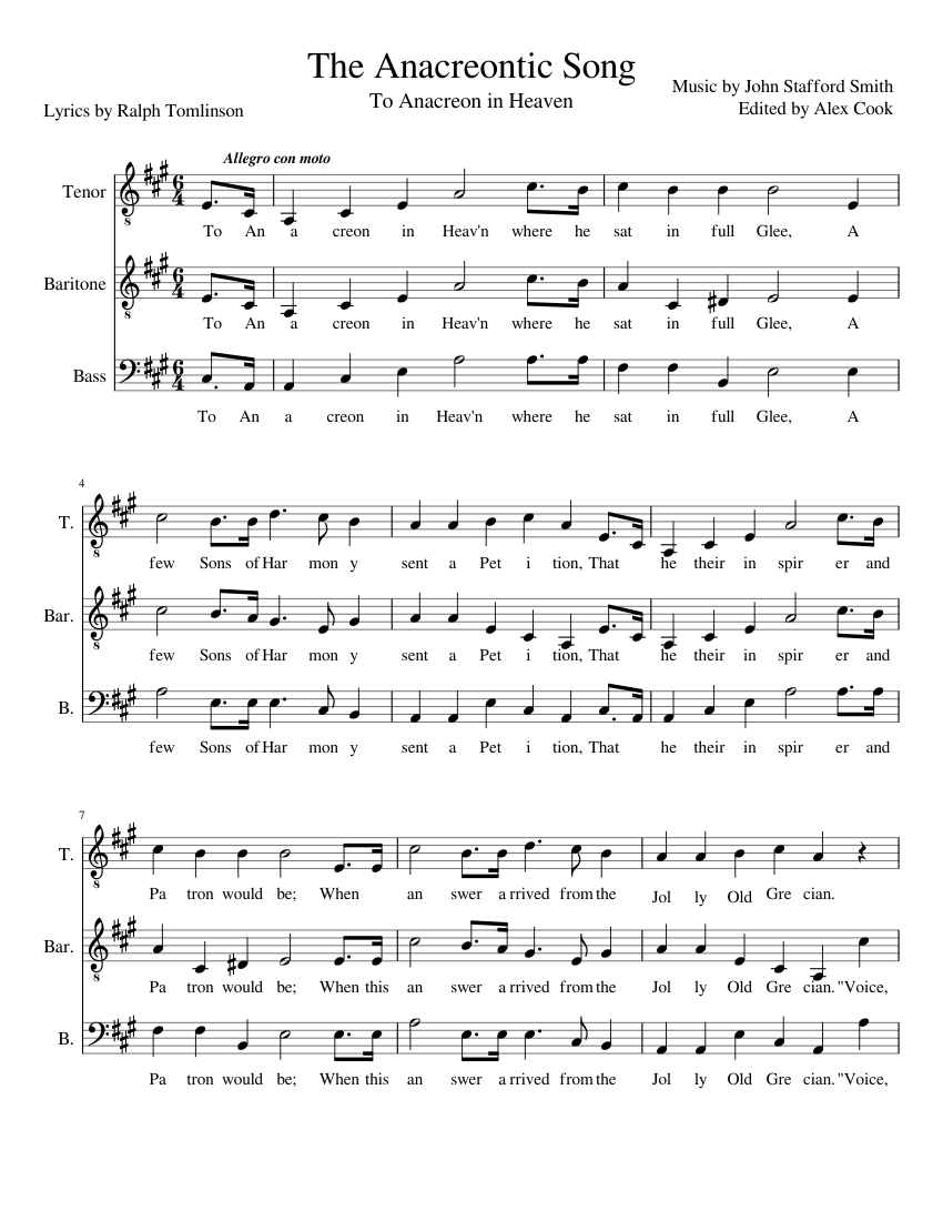 The Anacreontic Song Sheet music for Tenor, Bass voice, Baritone ...