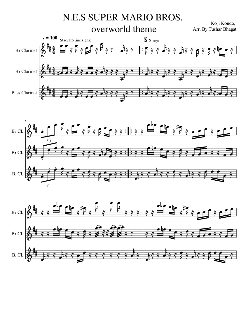 N.E.S SUPER MARIO BROS. overworld theme Sheet Music for Clarinet in b ...