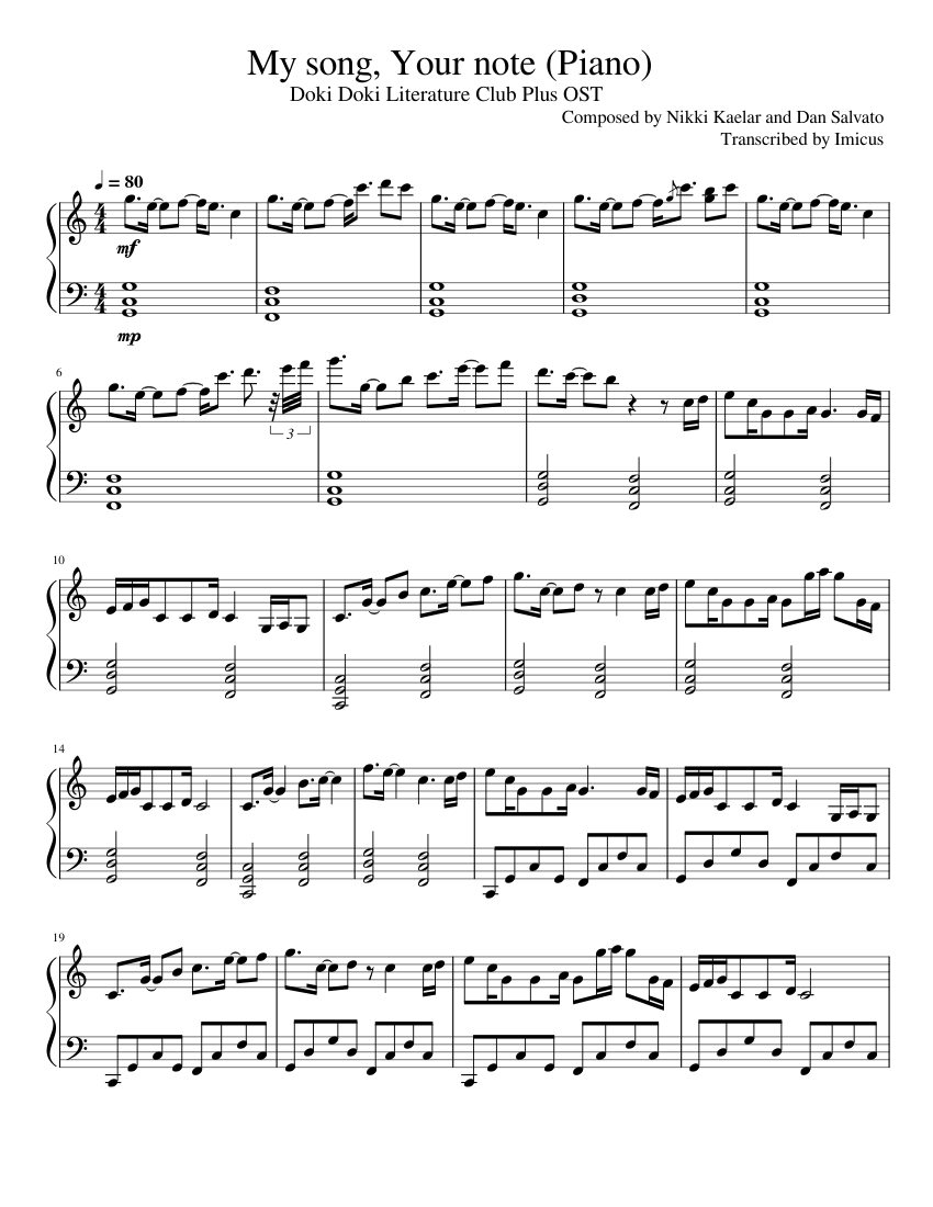 Doki Doki Literature Club Plus OST - My Song, Your Note (Piano) Sheet ...