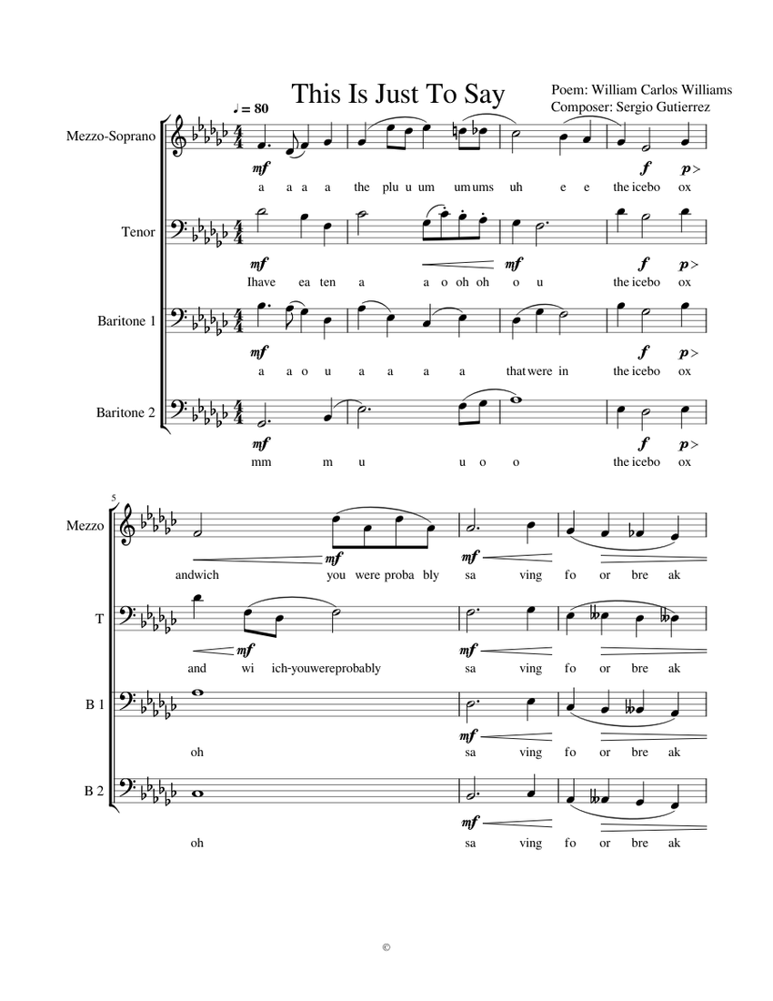 This Is Just To Say Sheet music for Tenor, Baritone, Mezzo soprano ...