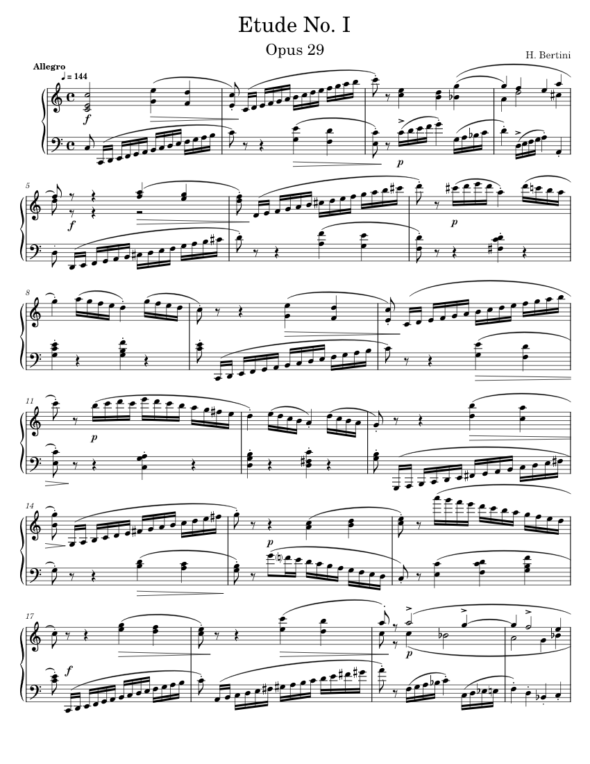 Etude I, Opus 29 – Henri Bertini Sheet Music for Piano (Solo ...