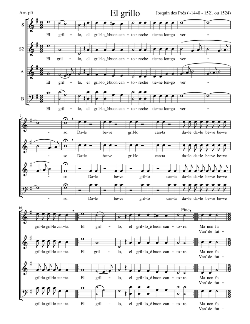 El grillo – Josquin des Prez-SSAB Sheet music for Soprano, Alto, Tenor ...