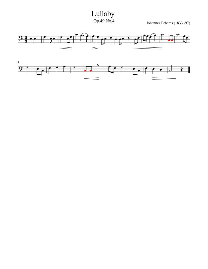 Lullaby Johannes Brahms Sheet Music for Bass guitar (Solo) | MuseScore.com