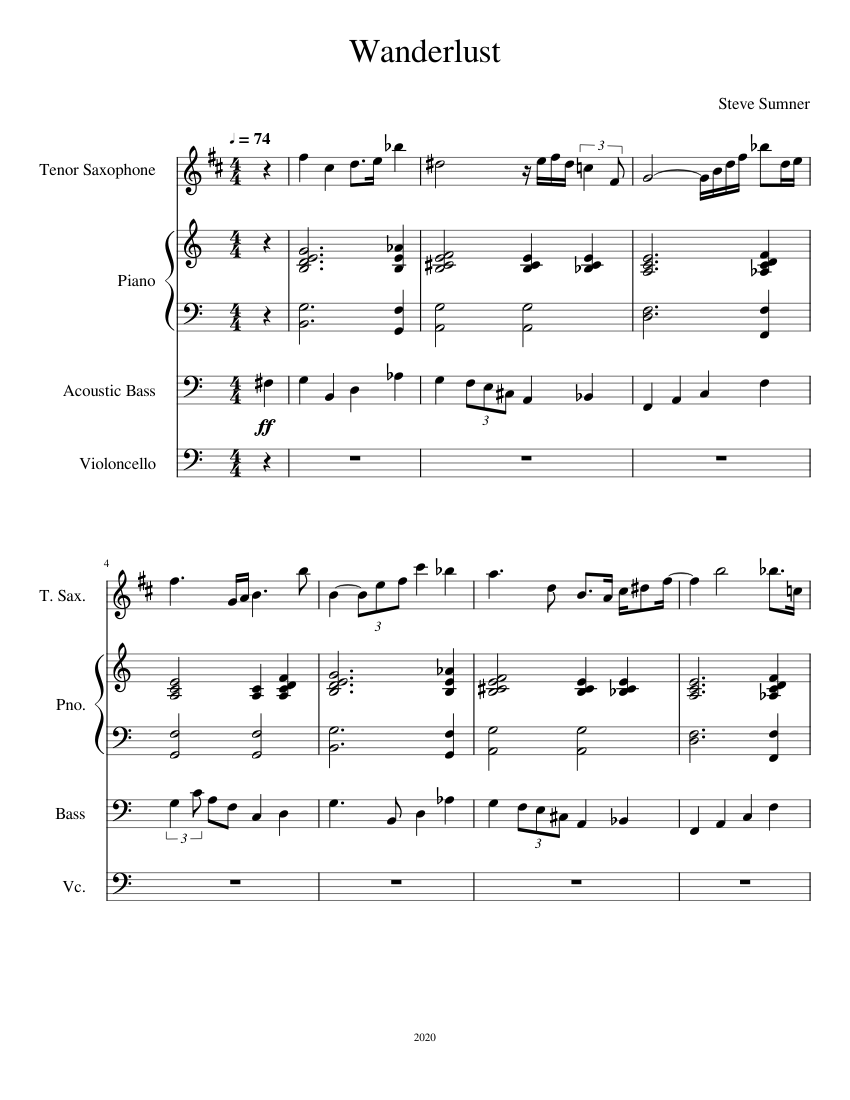 Wanderlust Sheet music for Piano, Saxophone tenor, Cello, Bass guitar ...