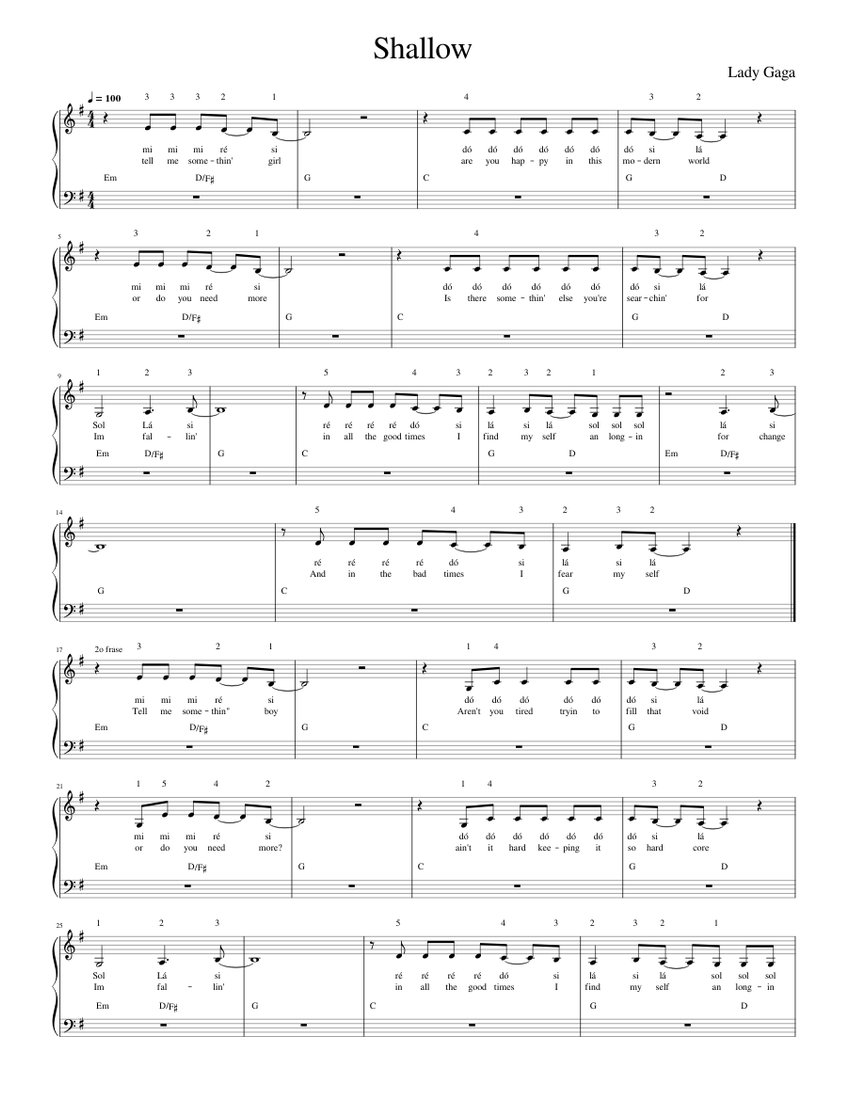 Shallow – Lady Gaga Shallow Sheet Music for Piano (Piano-Voice-Guitar ...
