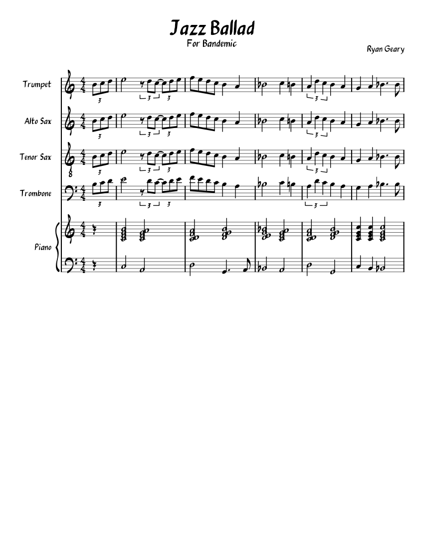 Jazz Ballad Sheet music for Piano, Trombone, Saxophone alto, Saxophone ...