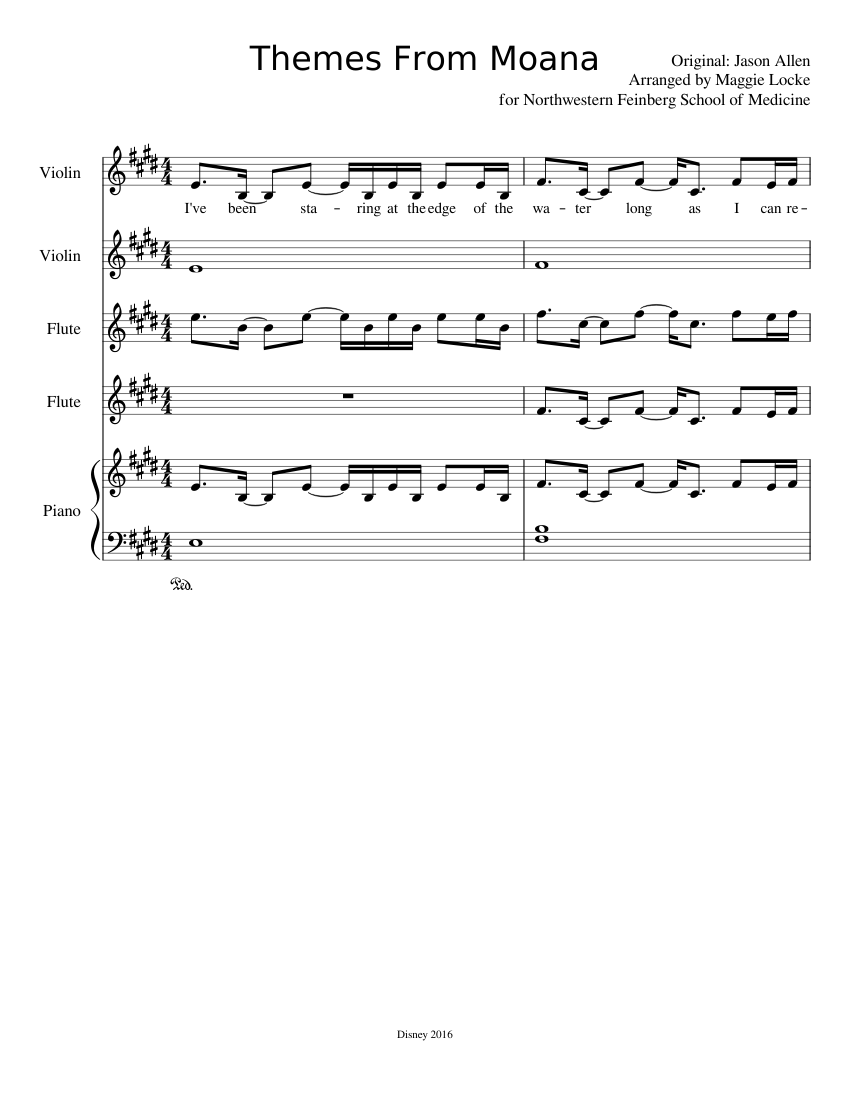 Moana Medley for 2 flutes, 2 violins, 1 piano and voice. Sheet Music ...