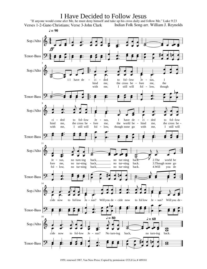 I Have Decided to Follow Jesus Sheet Music for Alto, Tenor (SATB ...