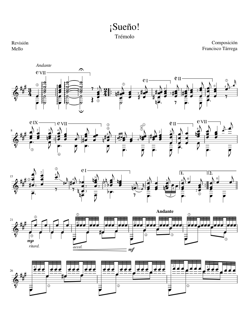Francisco Tárrega - ¡Sueño! (trémolo) Sheet music for Guitar (Solo ...