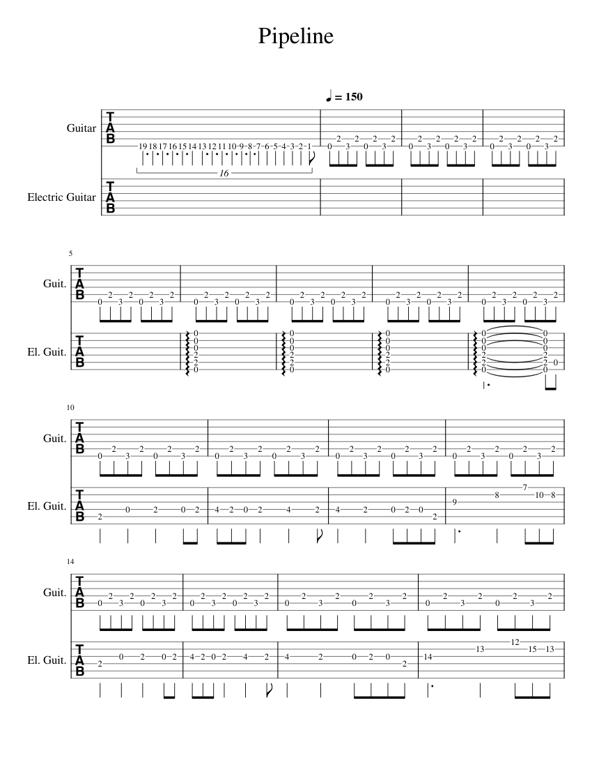 Pipeline - The Chantays Sheet Music and Tab for Guitar (Mixed Duet ...