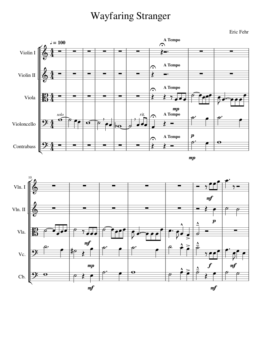 Wayfaring Stranger Sheet Music for Contrabass, Violin, Viola, Cello ...