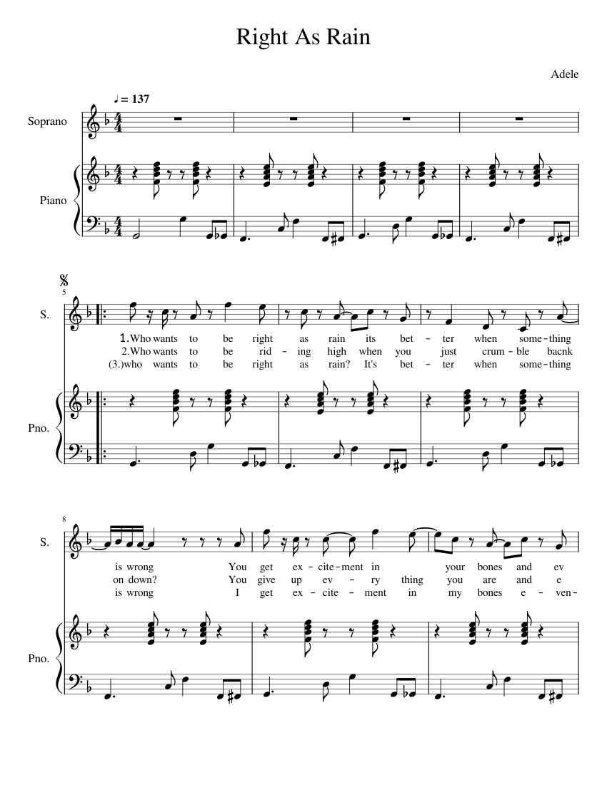 Right As Rain Sheet Music for Piano, Soprano (Solo) | MuseScore.com