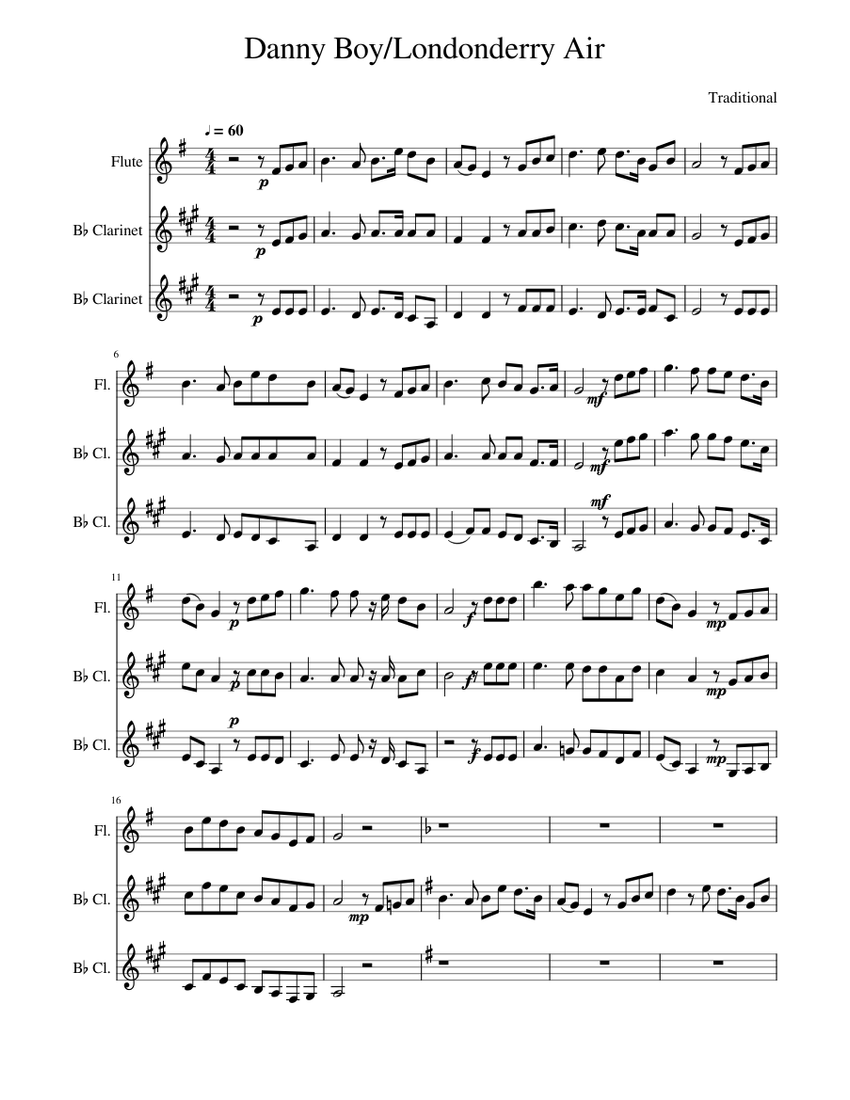Danny Boy Londonderry Air Sheet Music for Flute, Clarinet in b-flat ...
