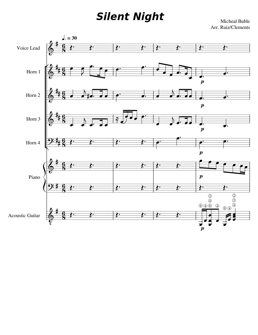 Silent Night Sheet Music for Piano, Kazoo, French horn, Guitar (Mixed ...