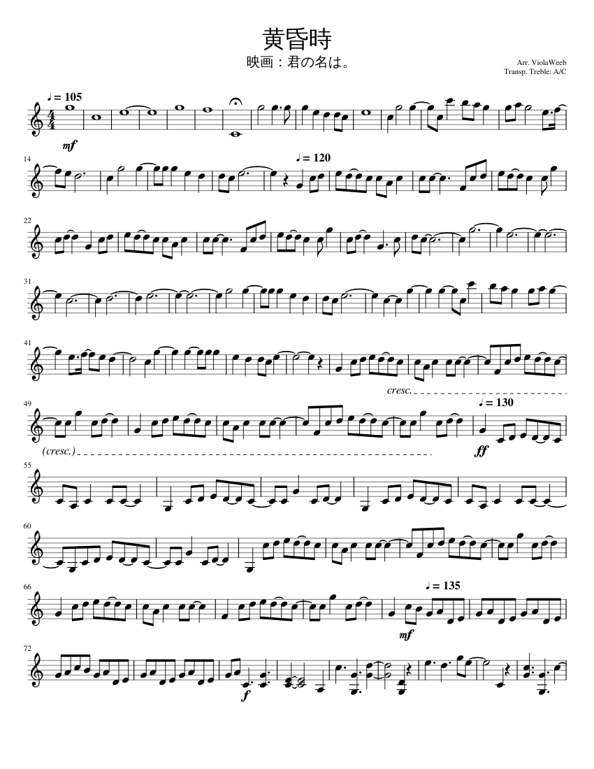 Kataware Doki - Kimi no na wa - Your Name Sheet Music for Violin (Solo ...
