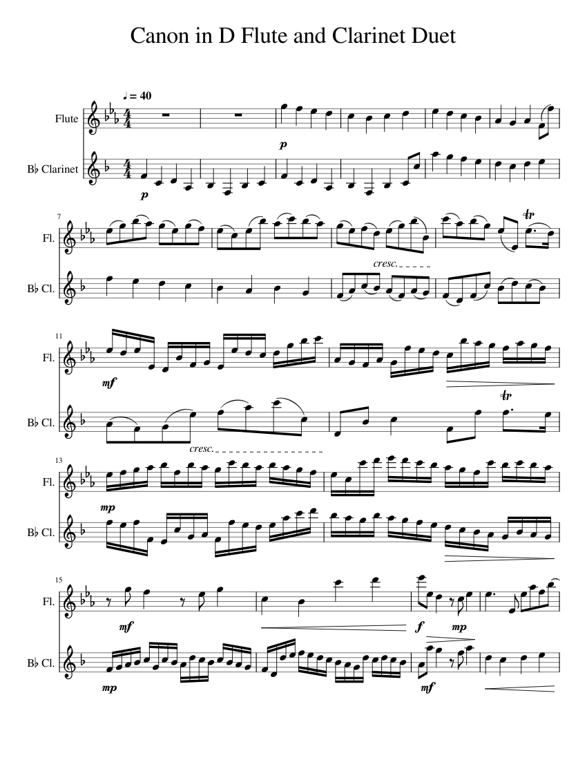 Canon in D Flute and Clarinet Duet Sheet music for Flute, Clarinet in b ...