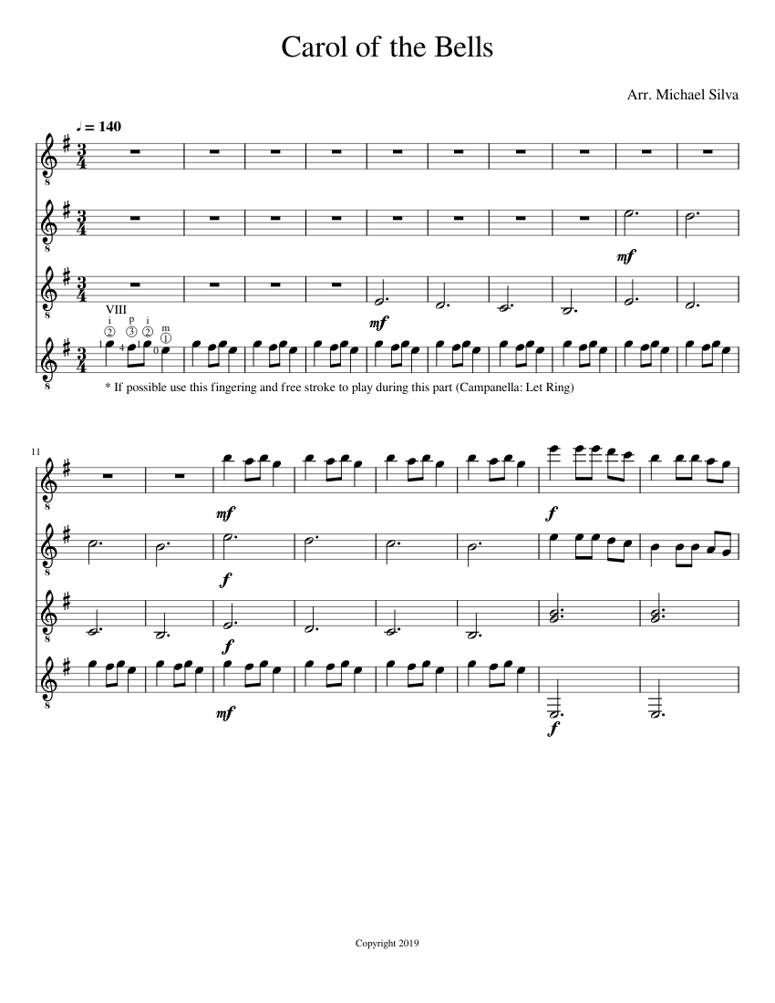 Carol of the Bells (Guitar Quartet) Sheet Music for Guitar (Mixed ...