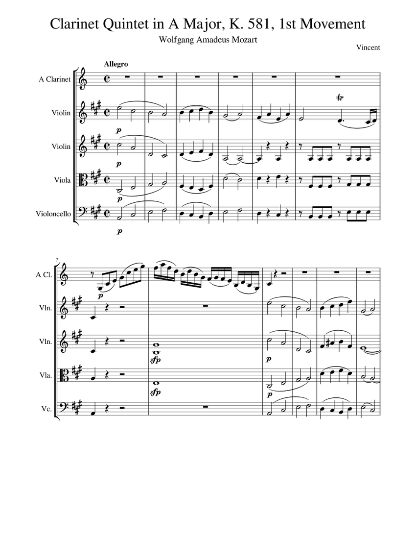 Mozart - Clarinet Quintet in A Major, K. 581, 1st Movement Sheet Music ...