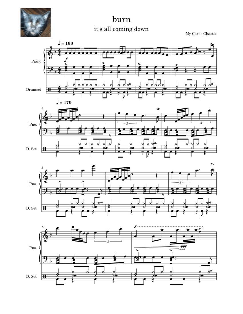 burn Sheet music for Piano, Drum group (Mixed Duet) | Musescore.com