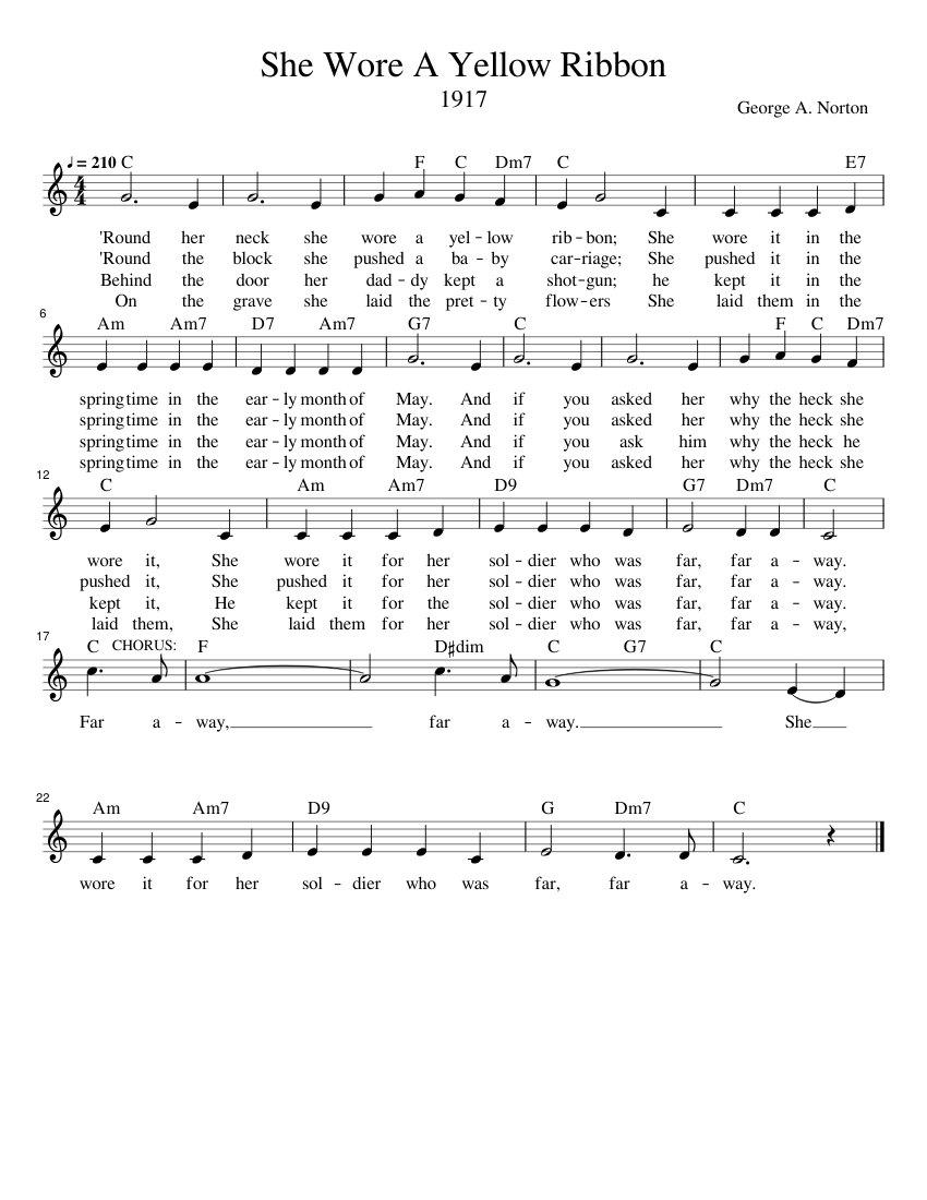 She Wore A Yellow Ribbon Sheet Music with Chords for Piano (Solo) easy ...