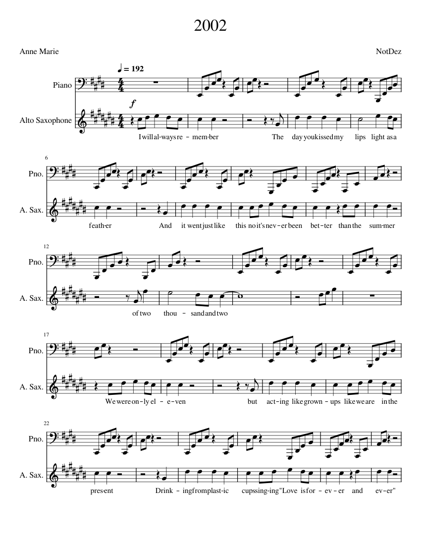 2002 – Anne-Marie Sheet music for Piano, Saxophone alto (Mixed Duet ...