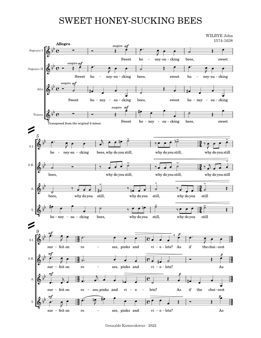 Sweet honey-sucking bees – John Wilbye Sheet music for Soprano, Alto ...