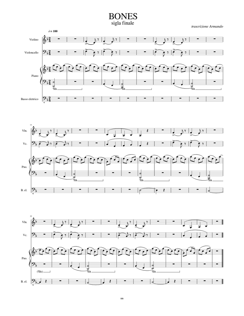 Bones soundtrack Sheet music for Piano, Violin, Cello, Bass guitar ...