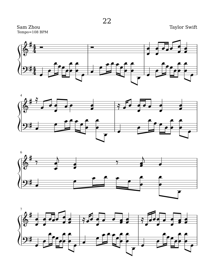 22 - Taylor Swift Sheet Music for Piano (Solo) | MuseScore.com