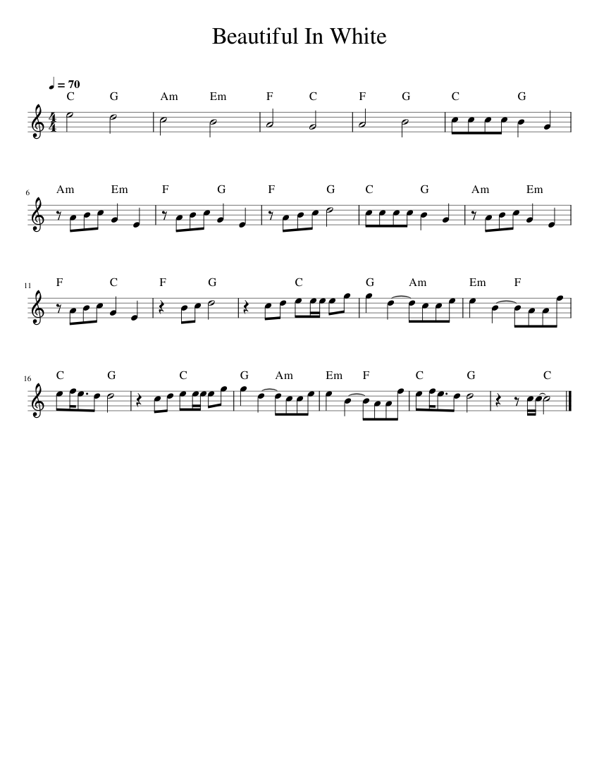 Beautiful In white Sheet Music with Chords for Piano (Solo) easy ...