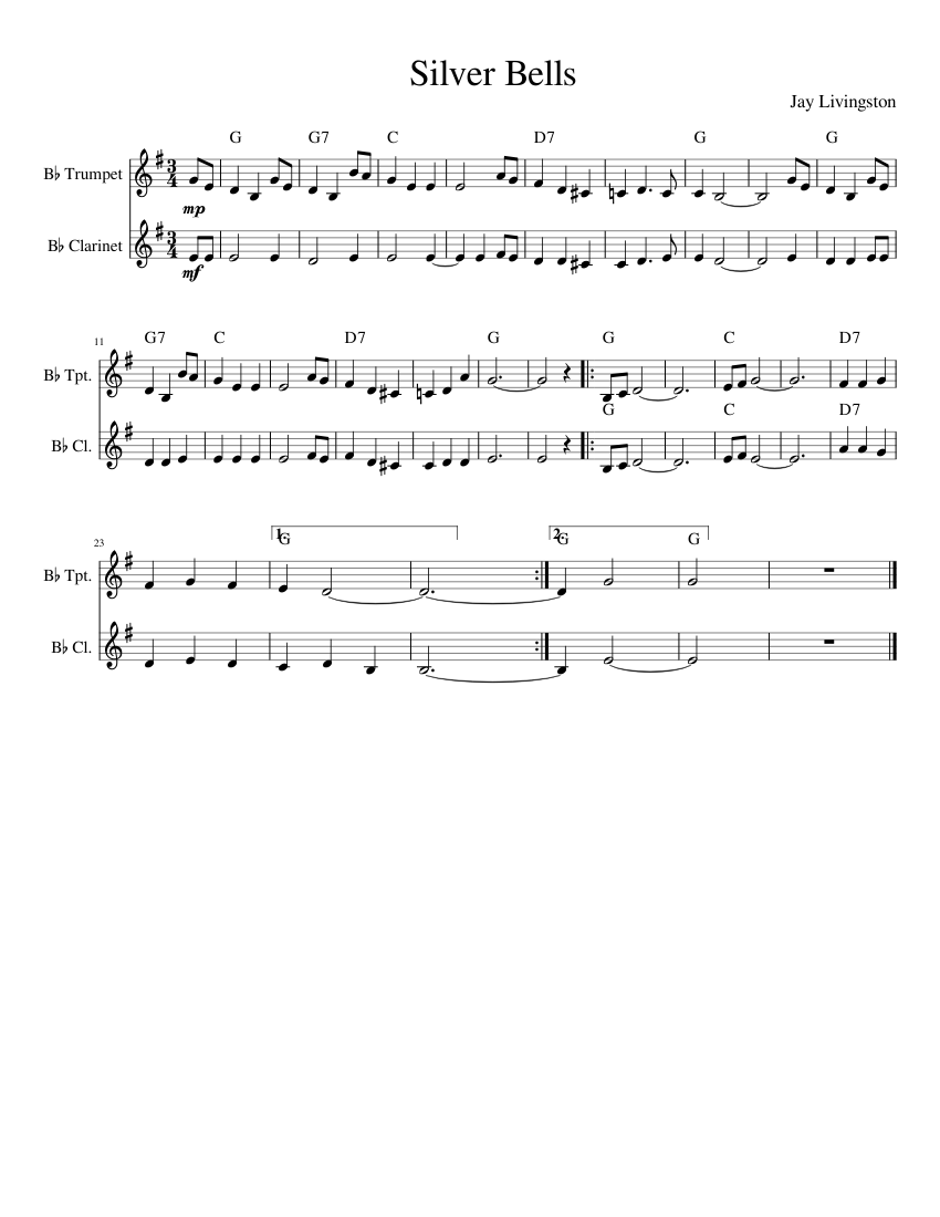 Silver Bells Duet-for 2nd year B flat Sheet Music with Chords for ...