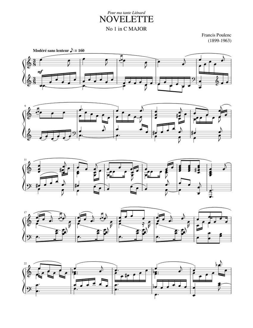Poulenc - Novelette No.1 in C Major Sheet Music for Piano (Solo ...