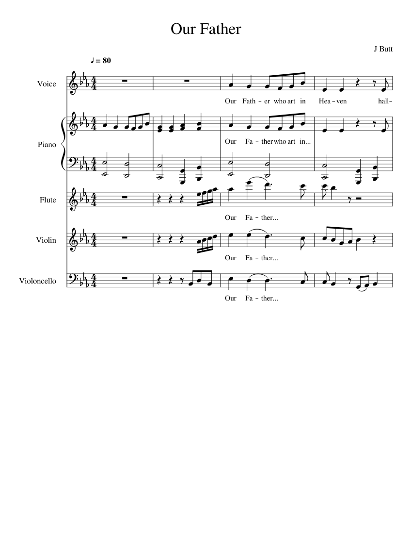 Our father for piano, flute, violin, cello Sheet Music for Piano ...