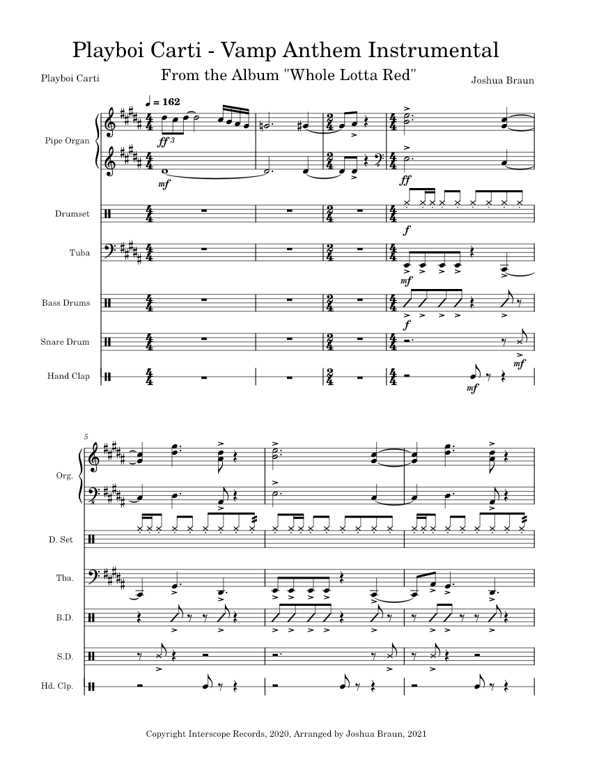 Vamp Anthem – Playboi Carti Instrumental Sheet Music for Organ, Tuba ...