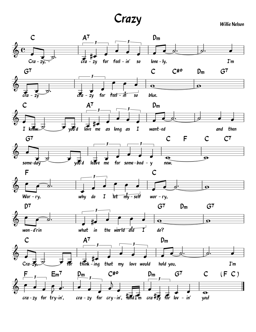 Crazy Sheet Music with Chords for Piano (Solo) easy | MuseScore.com