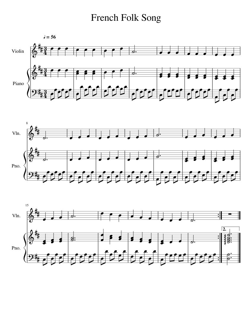 French Folk Song Sheet Music for Piano, Violin (Solo) | MuseScore.com