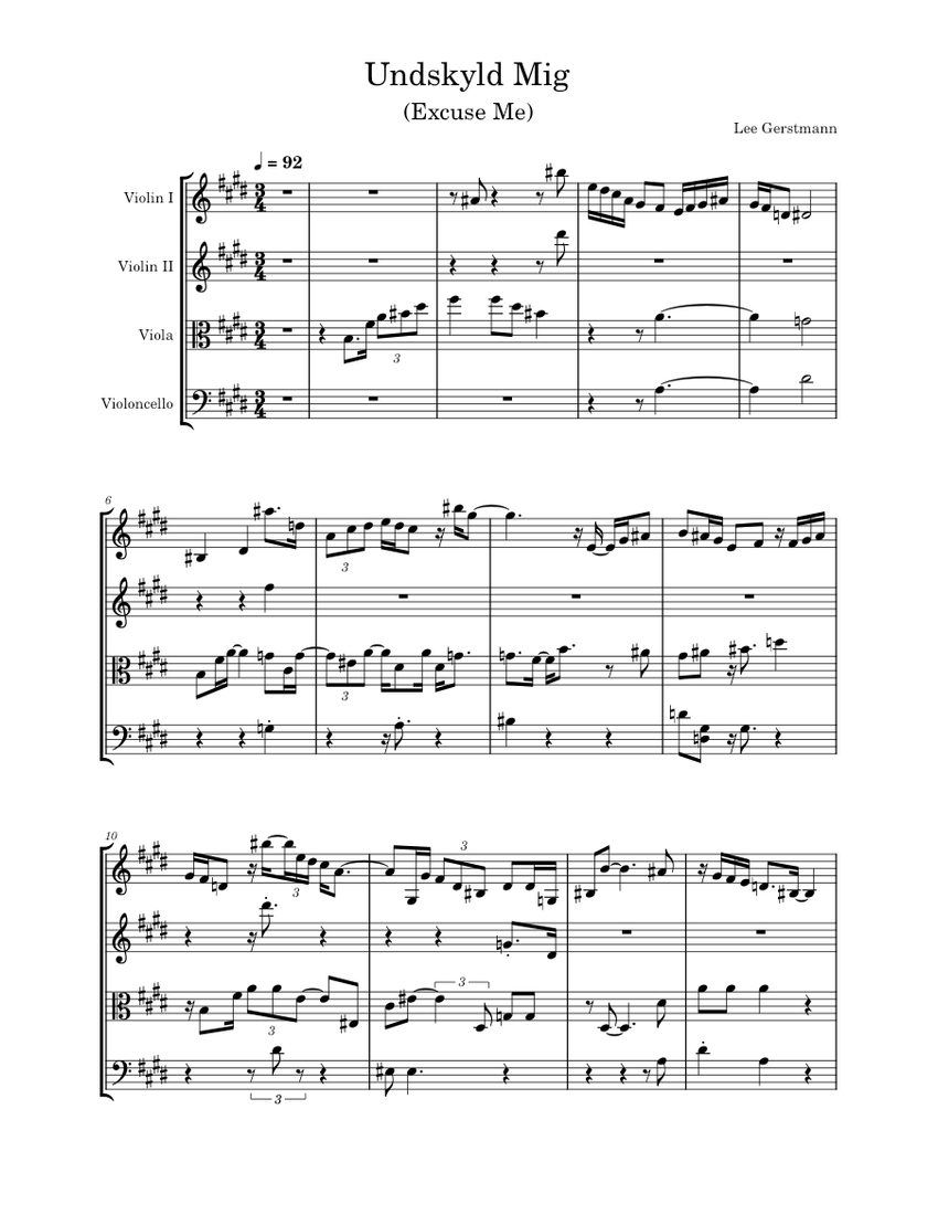 Undskyld Mig Sheet music for Violin, Viola, Cello (String Quartet ...