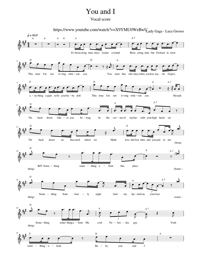You and I – Lady Gaga Vocal score with chords Sheet music for Vocals ...