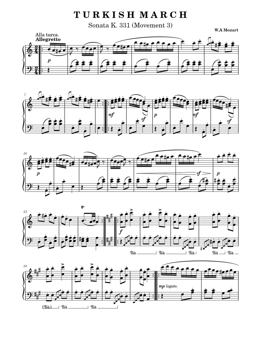 Turkish March (Rondo Alla Turca) - Wolfgang Amadeus Mozart Sheet Music ...