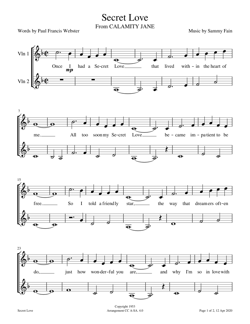 Secret Love Sheet music for Violin (String Duet) | Musescore.com