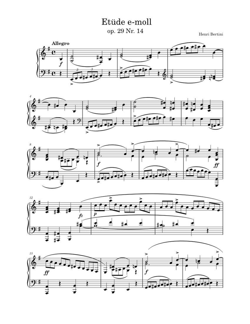 Henri Bertini - Etüde e-moll - op. 29 Nr. 14 Sheet Music for Piano ...