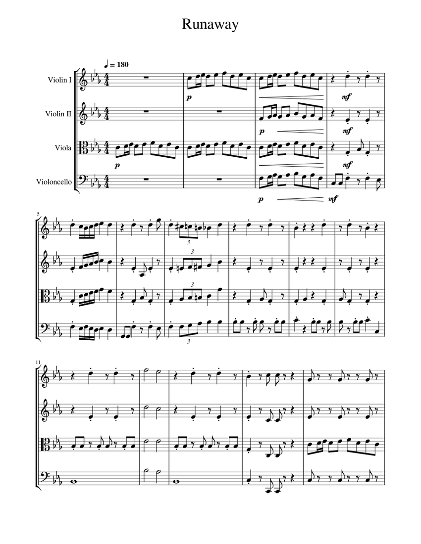 Runaway Sheet Music For Violin Viola Cello String Quartet