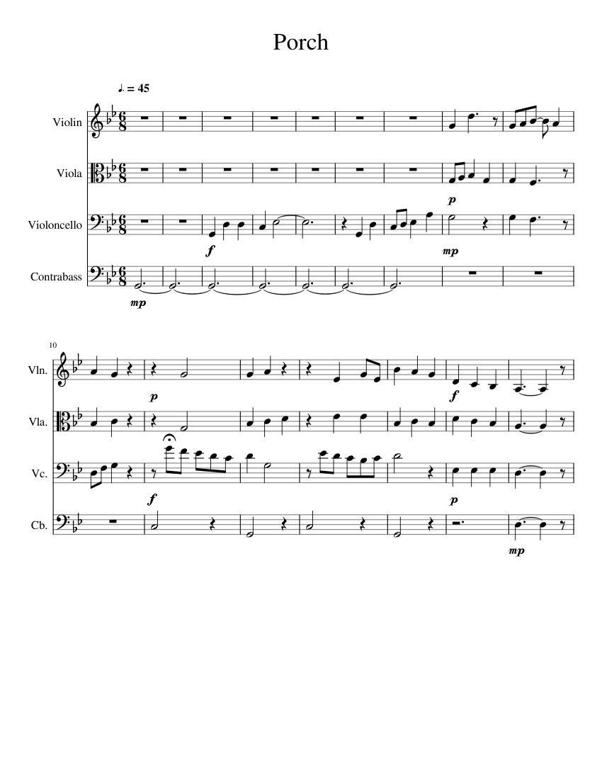 Porch Sheet Music for Contrabass, Violin, Viola, Cello (Mixed Quartet ...