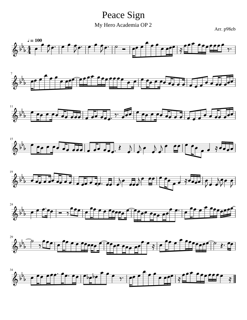 Peace Sign (My Hero Academia OP 2) Sheet Music for Flute (Solo ...