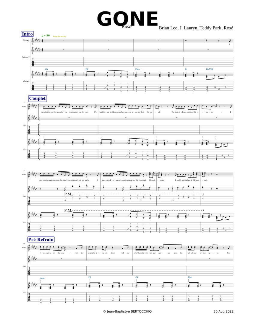 Gone – Rosé (BLACKPINK) Sheet Music and Tab with Chords for Piano ...